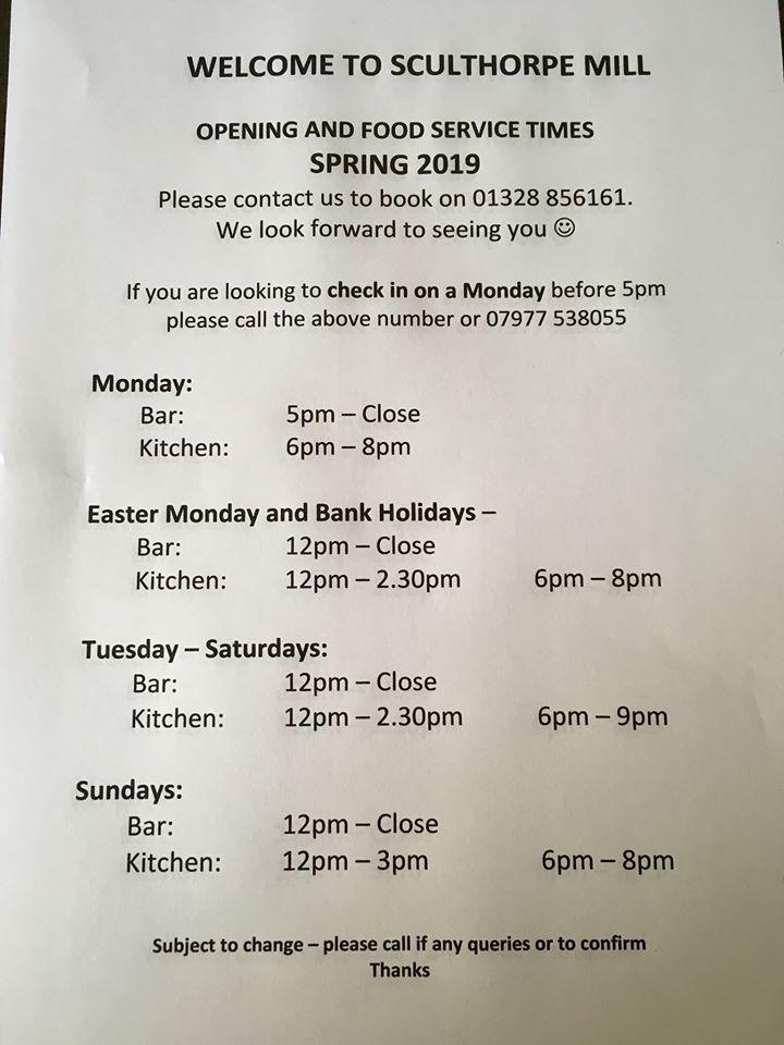 Menu at Sculthorpe Mill restaurant, Sculthorpe