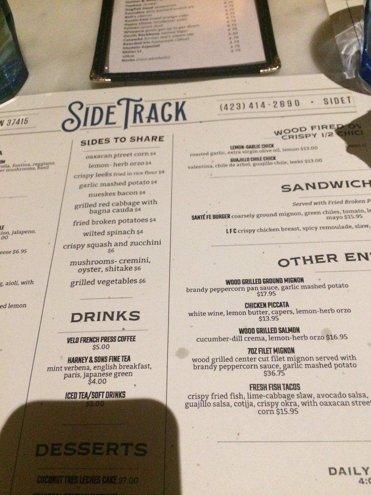 Menu at Sidetrack Restaurant, Chattanooga