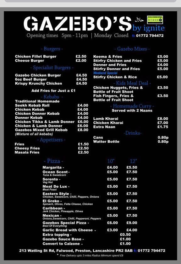 Menu at Gazebos by ignite fast food, Preston