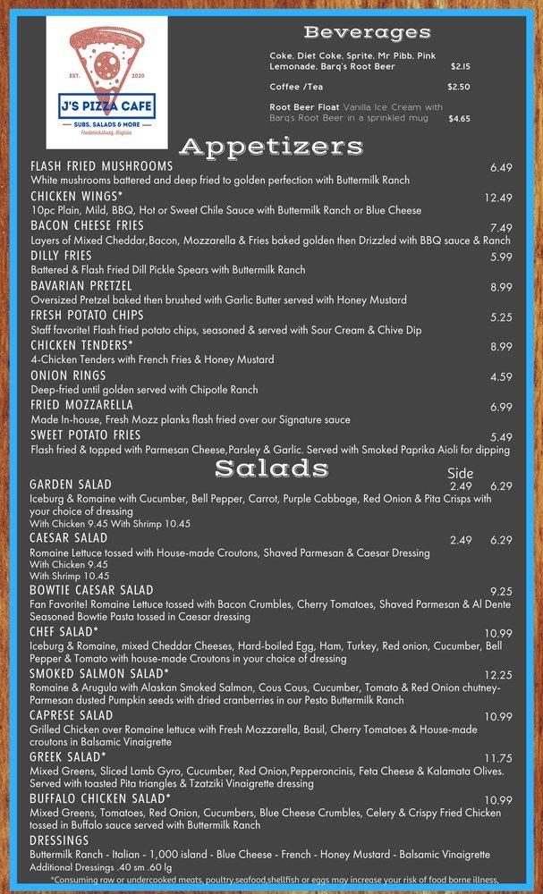 Menu at Js Pizza & Sub Cafe, Fredericksburg