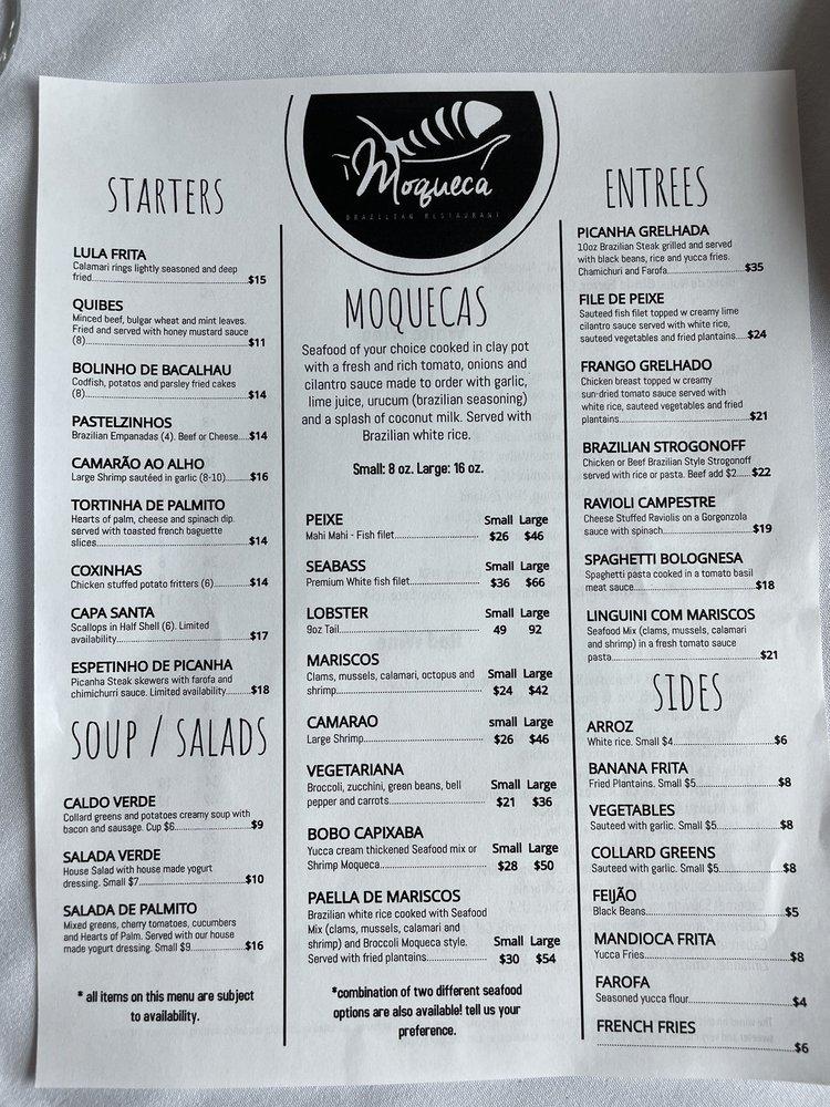 Menu at Moqueca Brazilian Cuisine restaurant, Oxnard