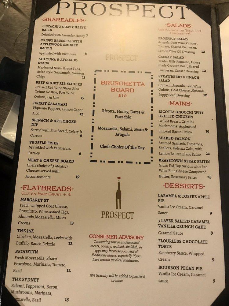 Menu at Prospect five points pub & bar, Jacksonville, Margaret St