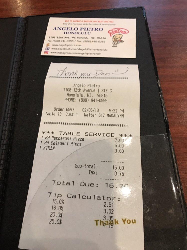 Menu at Angelo Pietro pizzeria, Honolulu, 12th Ave C