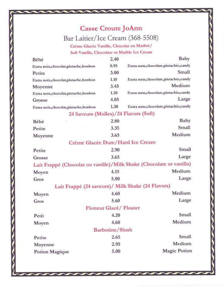 Menu au Casse-croute Jo-Ann restaurant, Gaspé