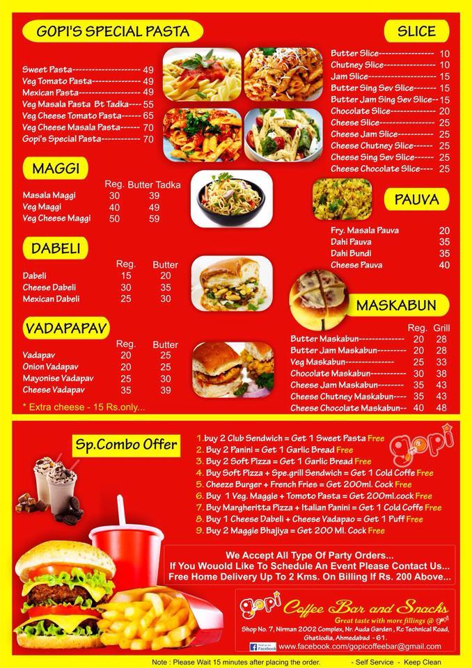 Menu at Gopi coffee bar and sancks, Ahmedabad, Gopi coffee bar and sancks s g road sola near ...