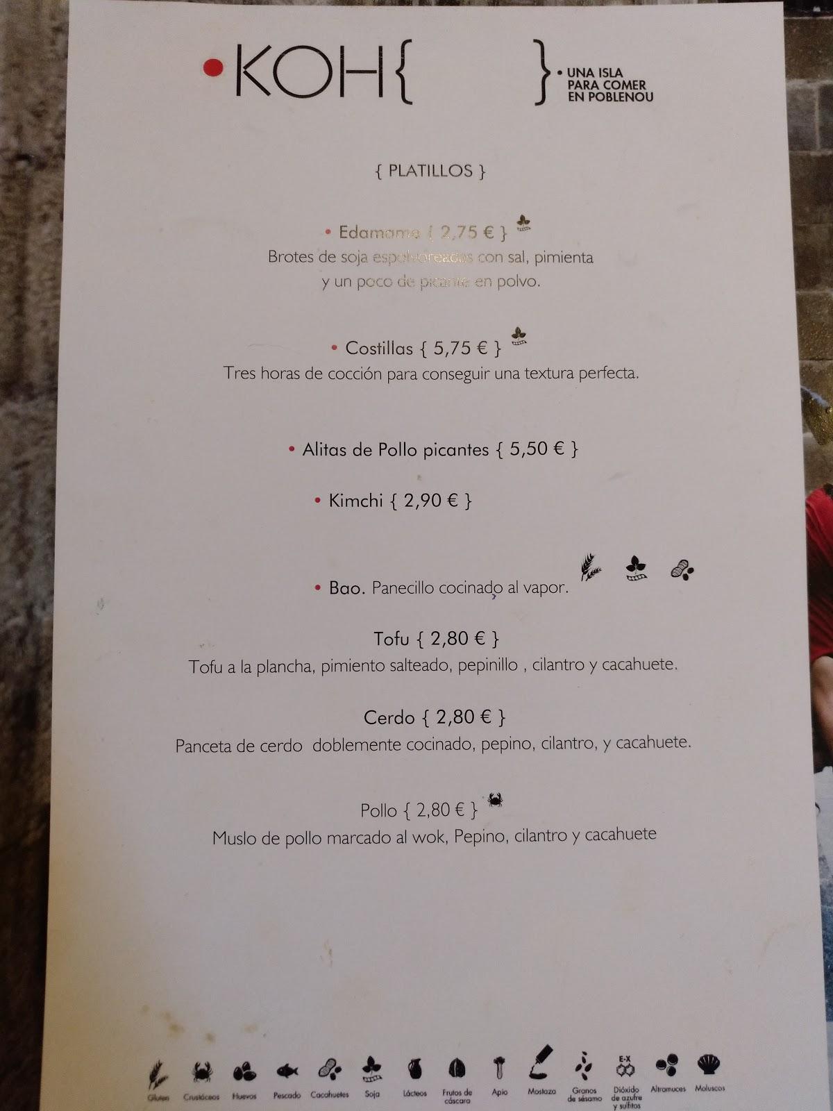 Carta del restaurante koh, Barcelona