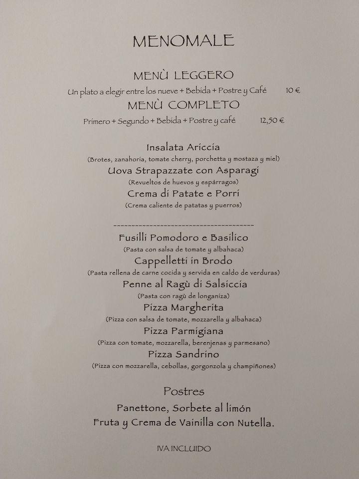 Menu at Menomale restaurant, Madrid