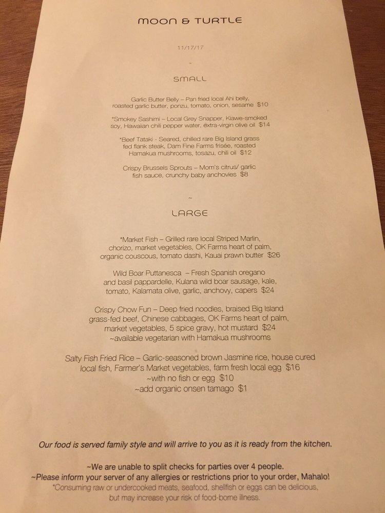 Menu at Moon and Turtle pub & bar, Hilo