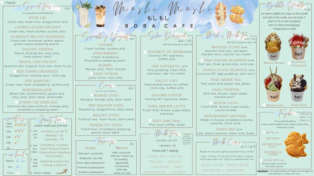 Menu at Moshi Moshi Boba Cafe, Greensboro