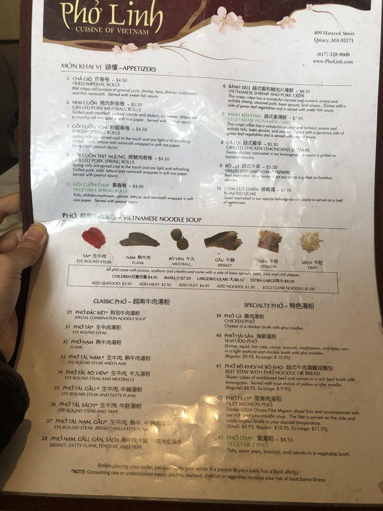Menu at Pho Linh restaurant, Quincy