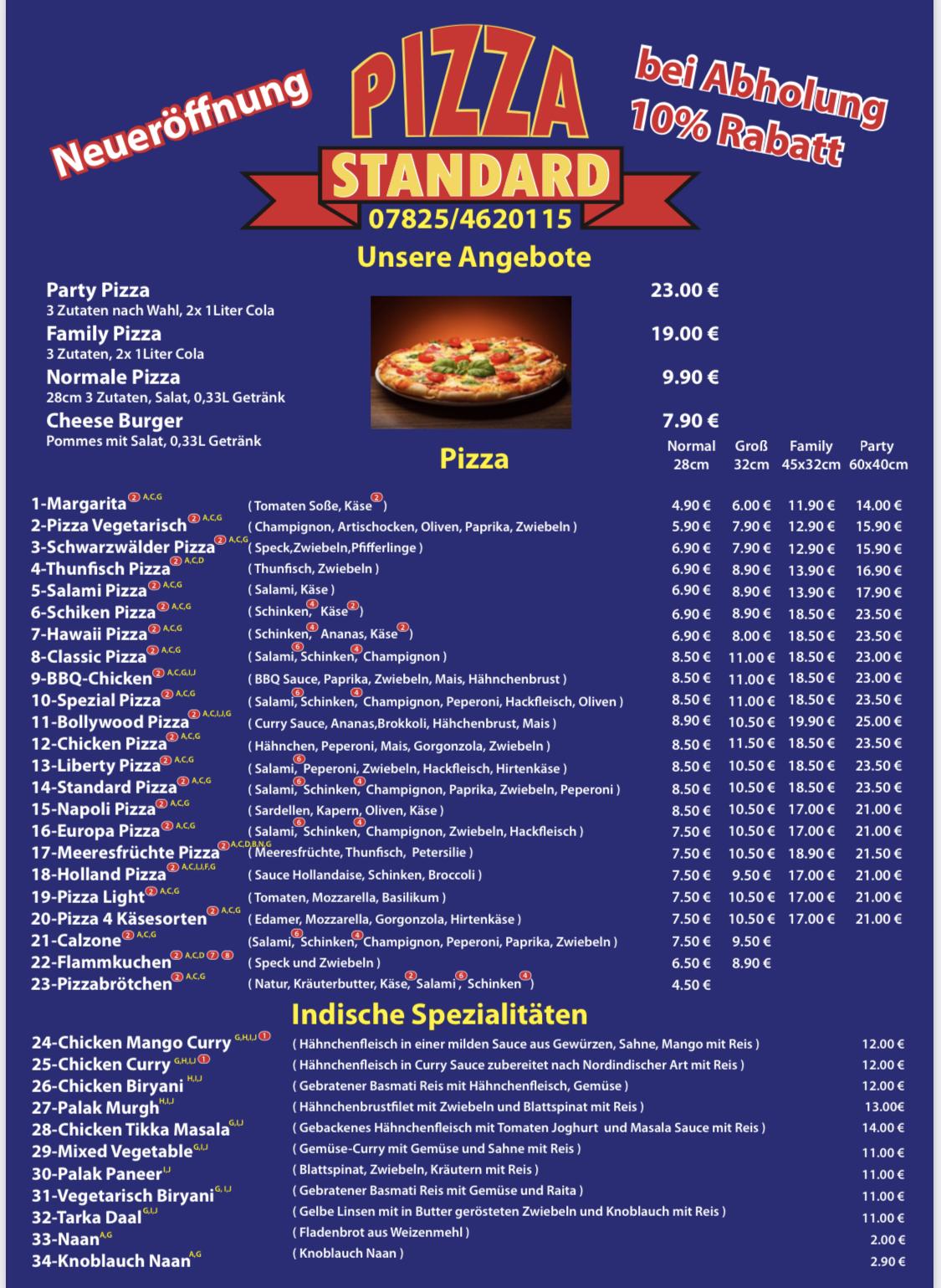 Speisekarte von Pizza Standard Kippenheim, Kippenheim