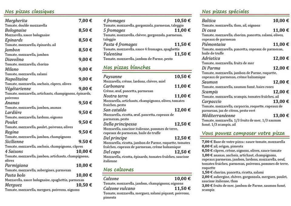 Menu at Pizza di Casa, Colfontaine