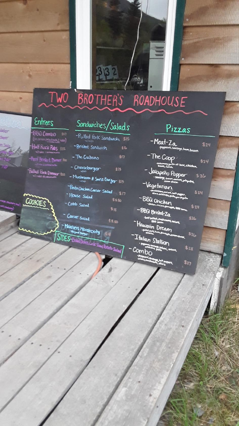 Menu at Two Brother's Roadhouse pizzeria, Cooper Landing