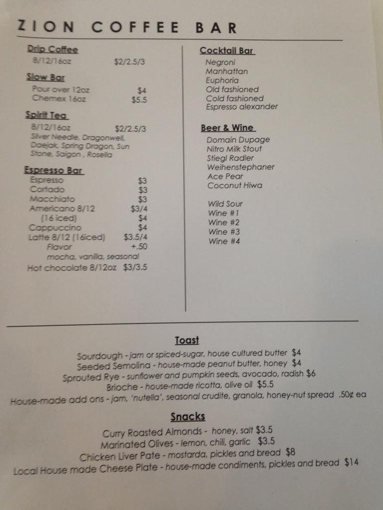 Menu at Zion Coffee Bar, Peoria