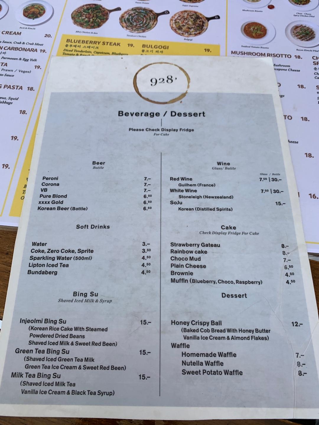 Menu at Cafe 928, Southport