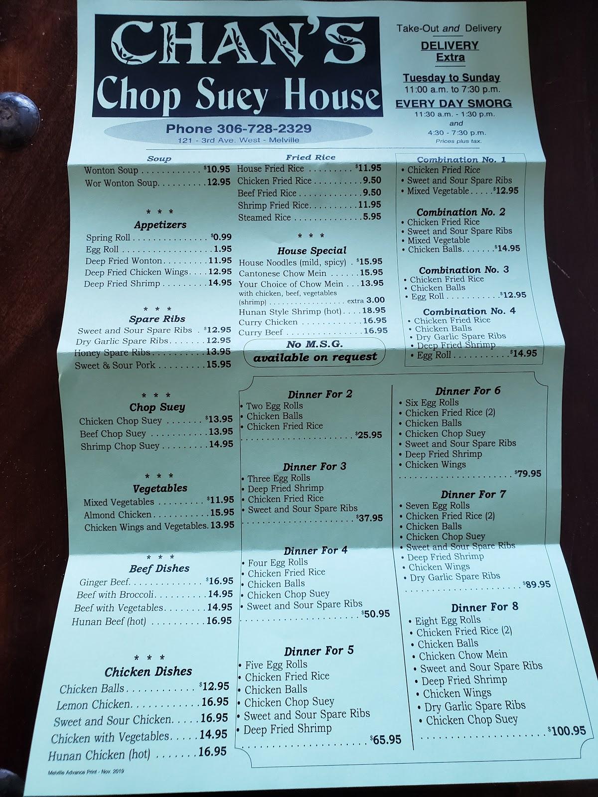 Menu at Chan's Chop Suey House restaurant, Melville