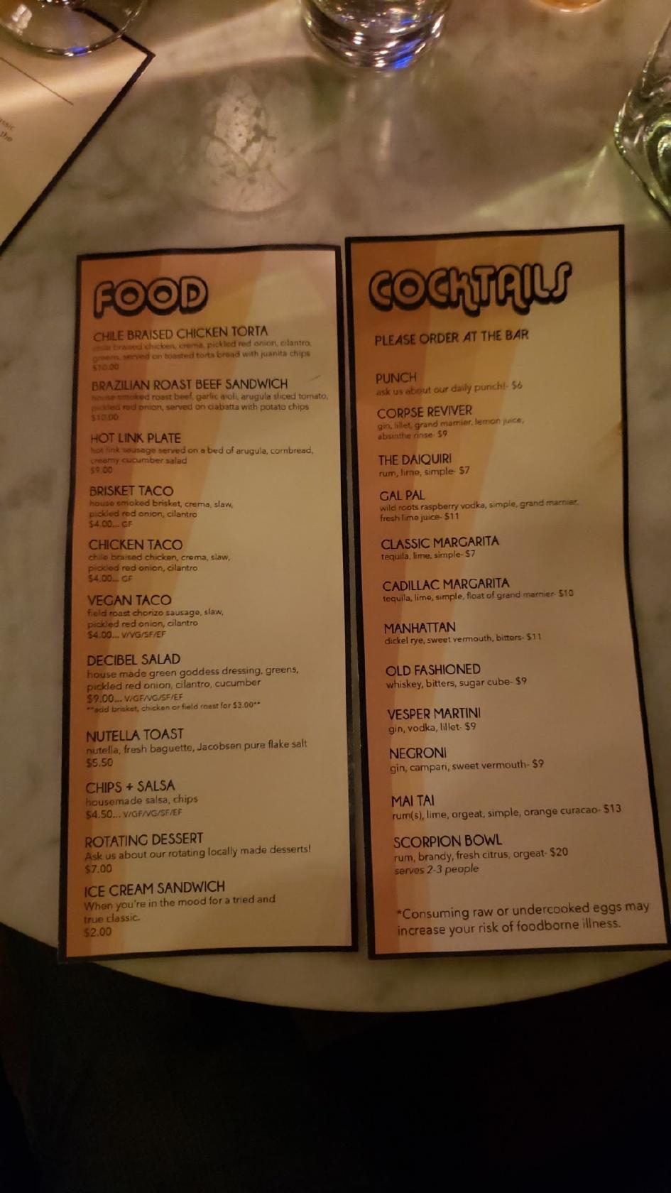 Carta del pub y bar Decibel Sound & Drink, Milwaukie