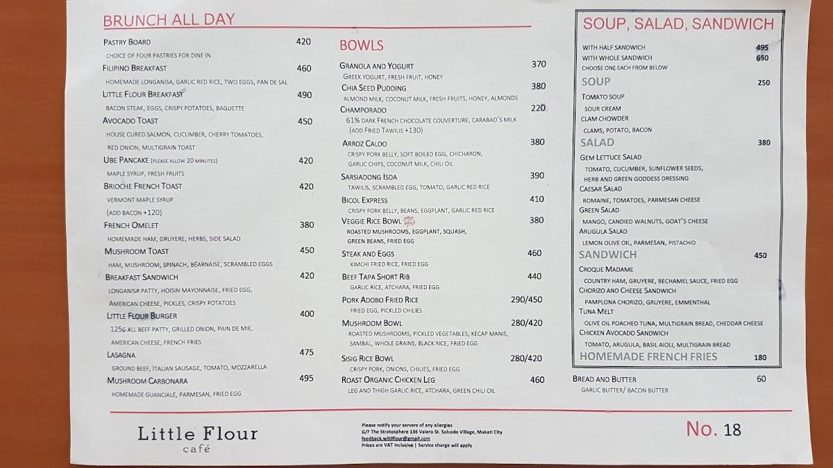 Carta de Little Flour Cafe Salcedo Village, Makati, Salcedo Village
