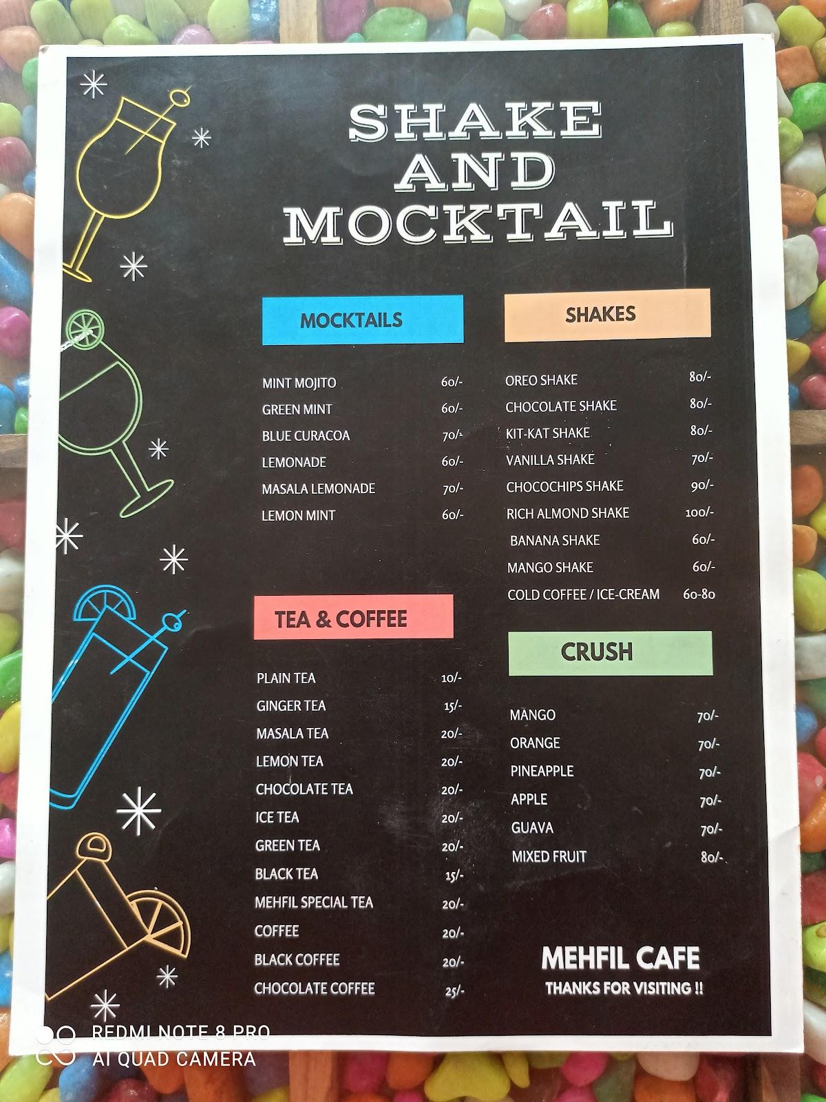 Menu at Mehfil cafe, Bhopal