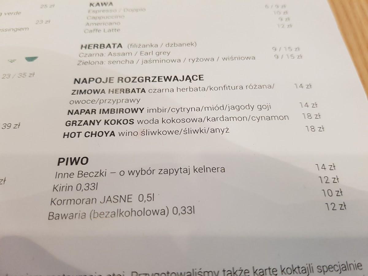 Menu at SHOKU restaurant, Warsaw