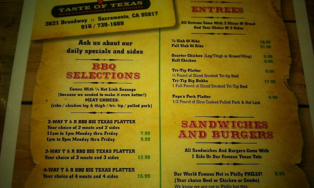 Menu at T & R Taste of Texas Barbeque, Sacramento, Broadway