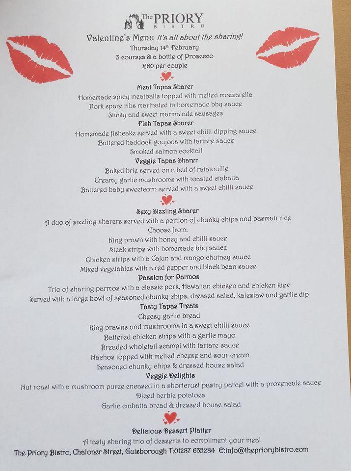Menu at The Priory Bistro restaurant, Guisborough