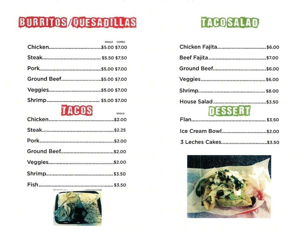 Menu at University Tacos and Burritos restaurant, Birmingham