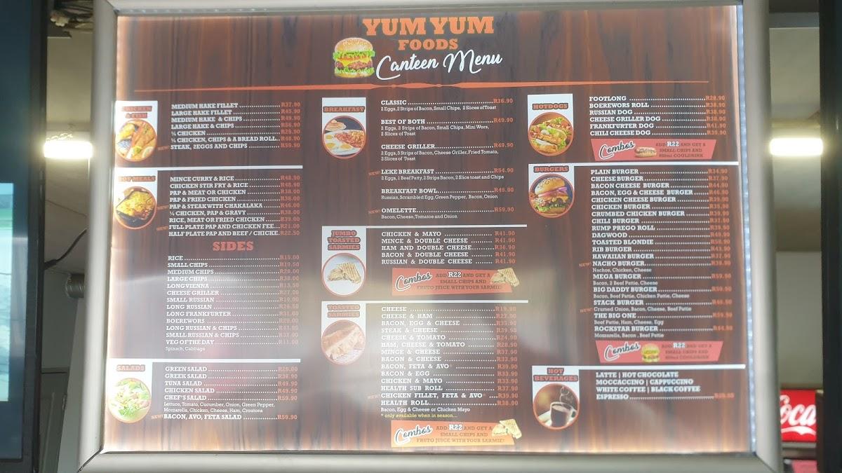 Menu at Yum Yum Foods cafeteria, Pretoria
