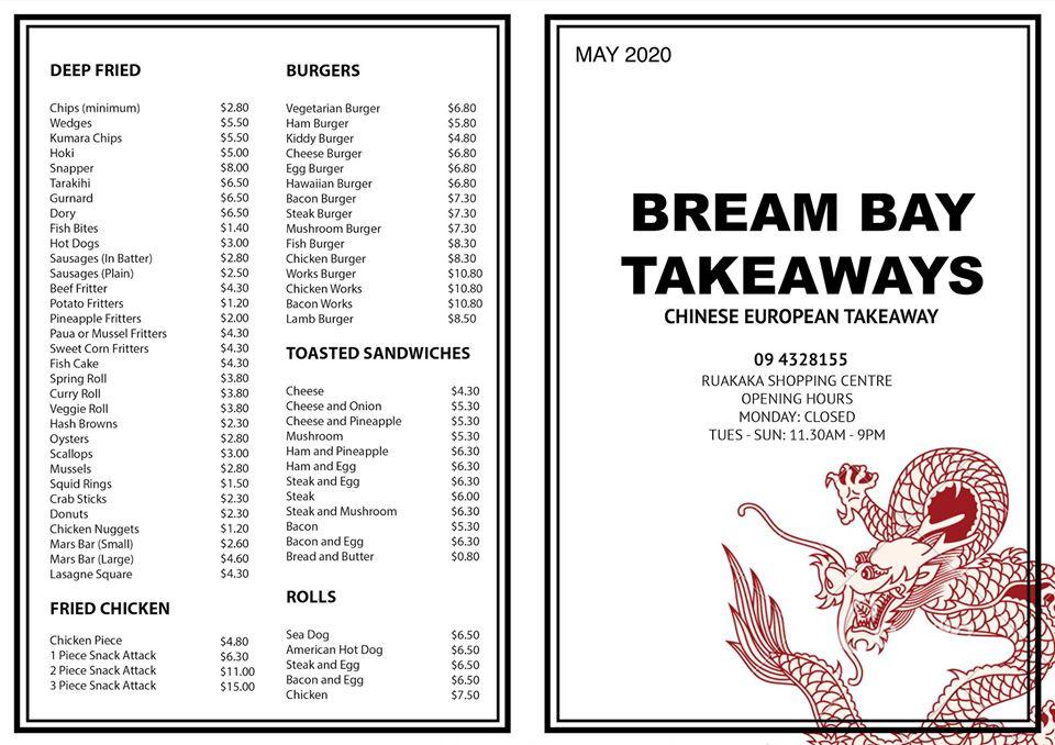 Menu at Bream Bay Takeaway restaurant, Ruakaka