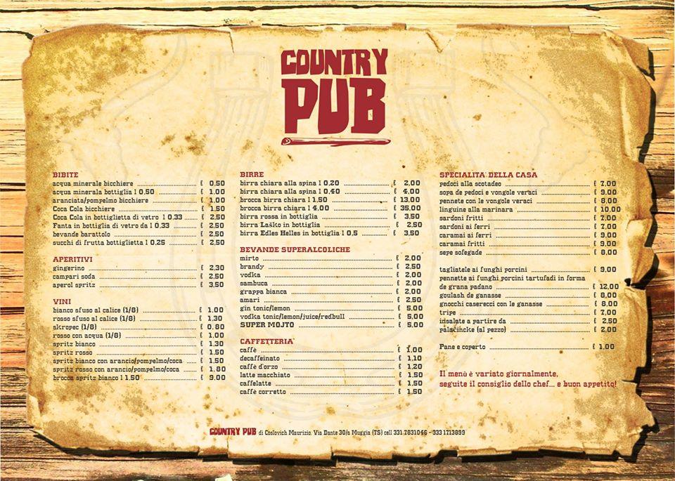 Menu at Country Pub, Muggia