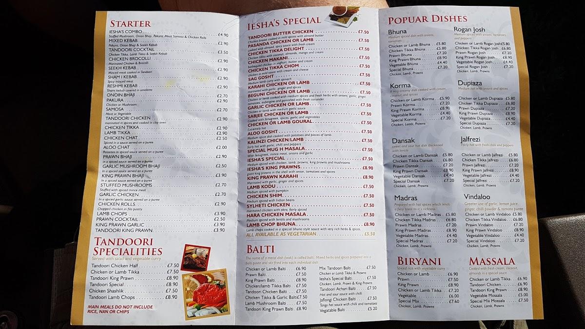 Menu at Iesha's restaurant, Barrow-in-Furness