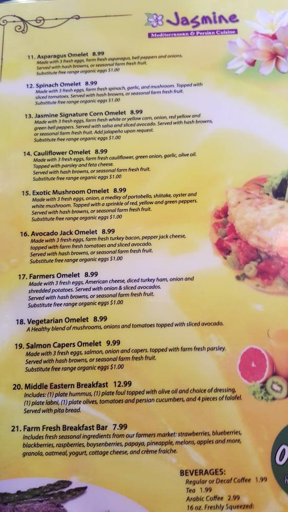 Menu at Jasmine Mediterranean & Persian Cuisine restaurant, Diamond Bar