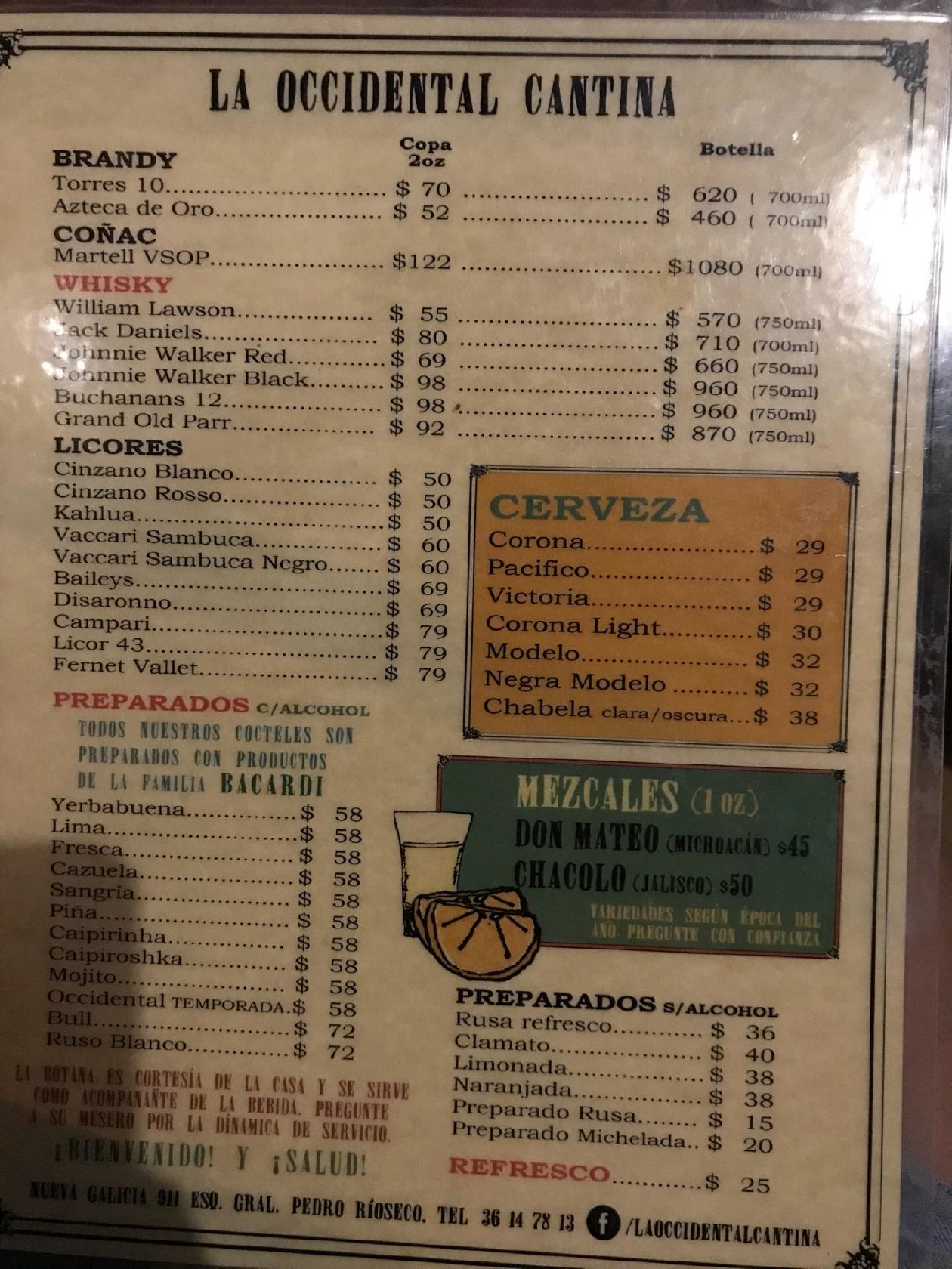 Carta del pub y bar Cantina La Occidental, Guadalajara