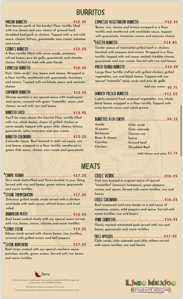 Menu at Lindo Mexico restaurant, Prescott, Gail Gardner Way #101