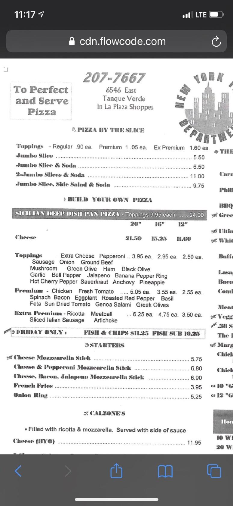 Menu at NYPD New York Pizza Department pub & bar, Tucson