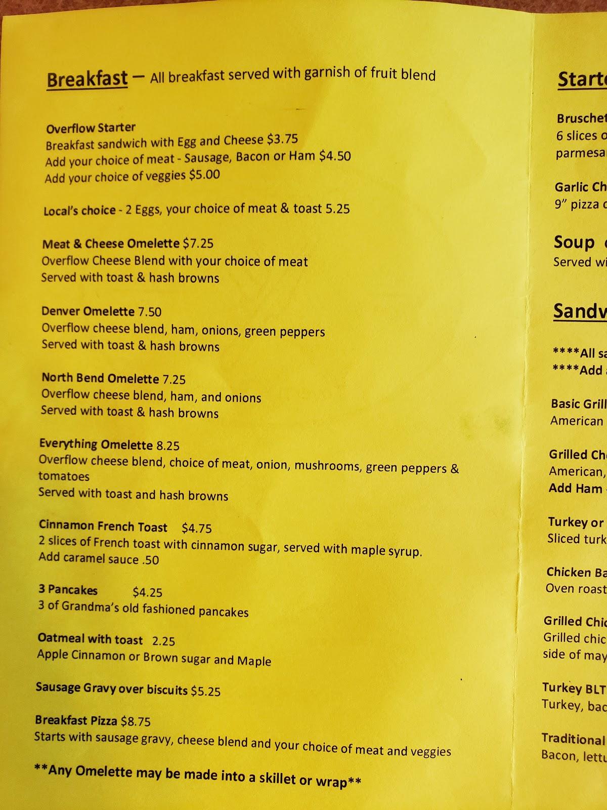 Menu at Overflow Tavern & Eatery restaurant, USA