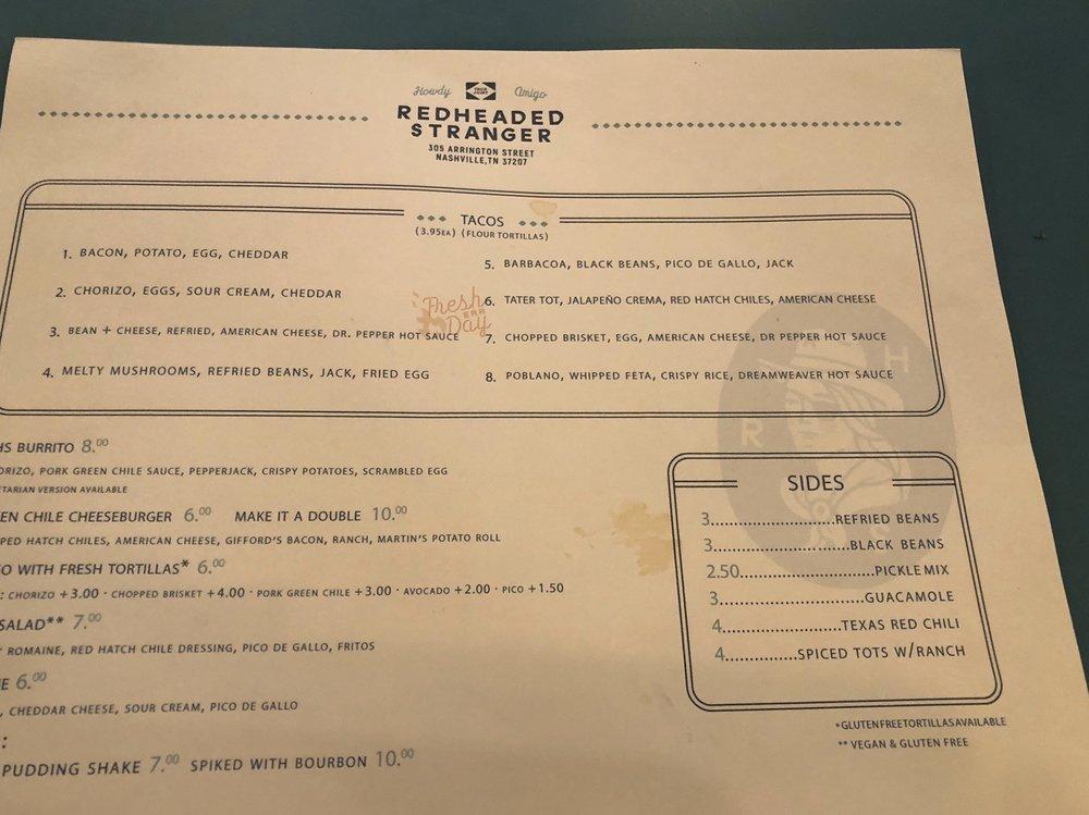 Menu at Redheaded Stranger restaurant, Nashville