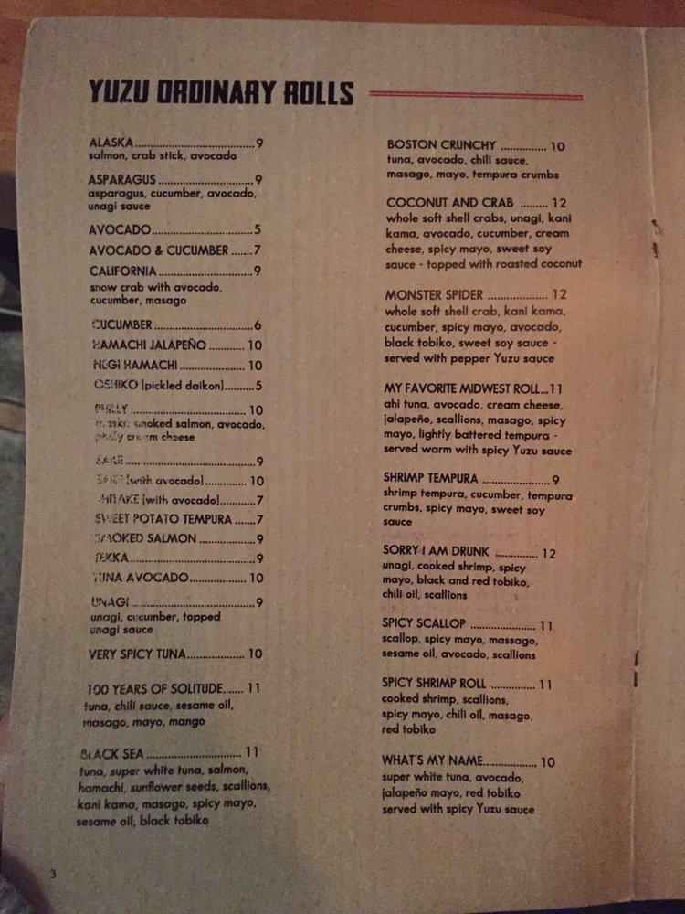 Menu at Yuzu Sushi & Robata Grill restaurant, Chicago