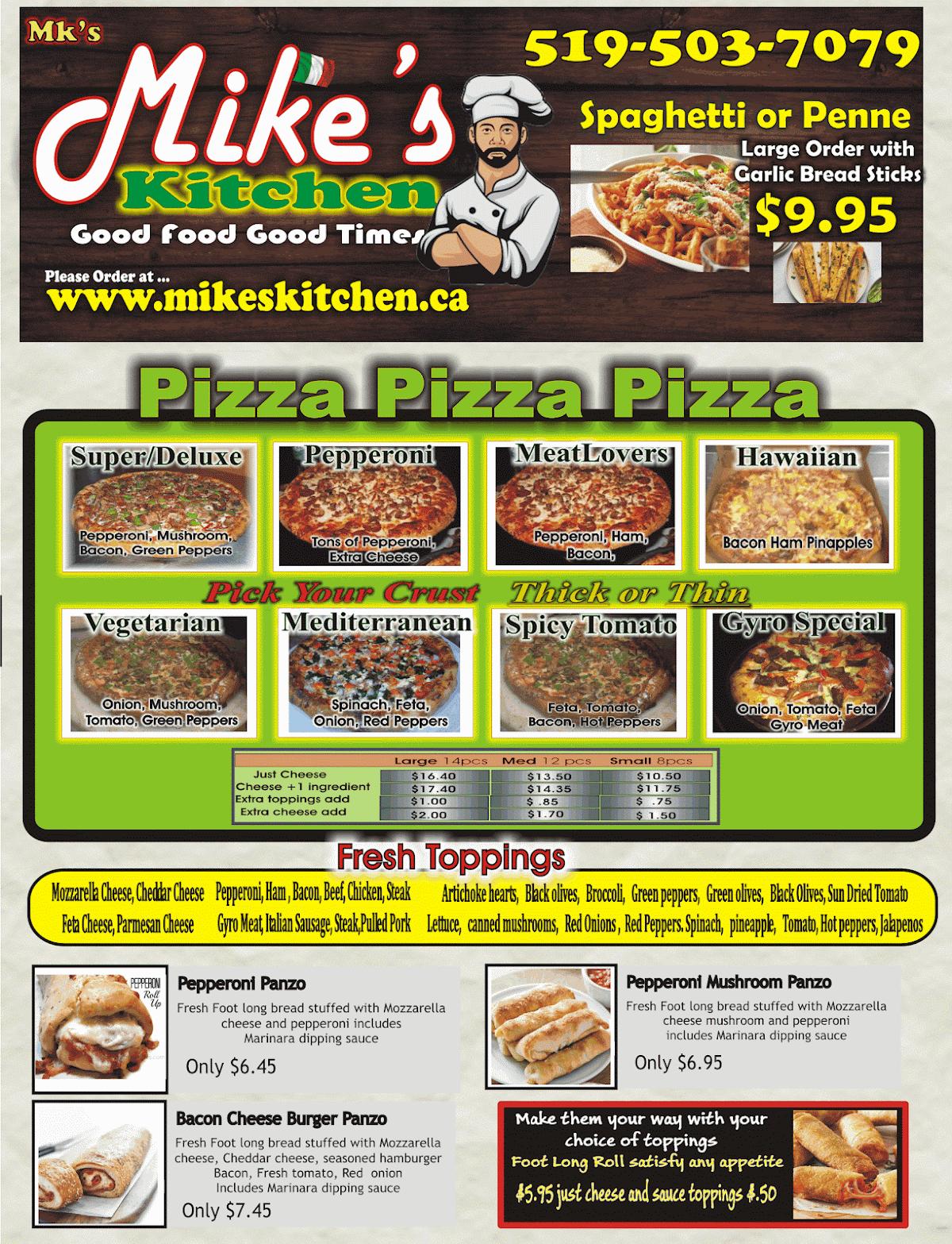 Menu at Mike's Kitchen restaurant, Amherstburg