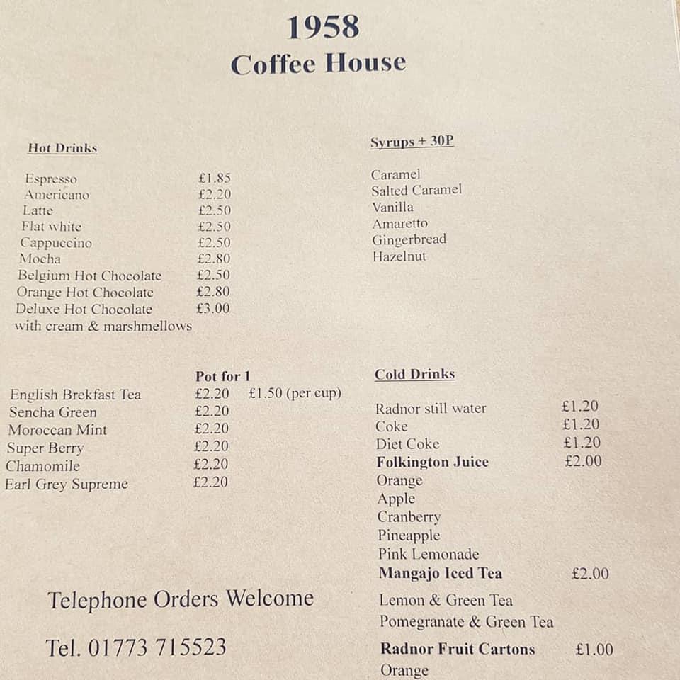 Menu at 1958 coffee house, Nottingham