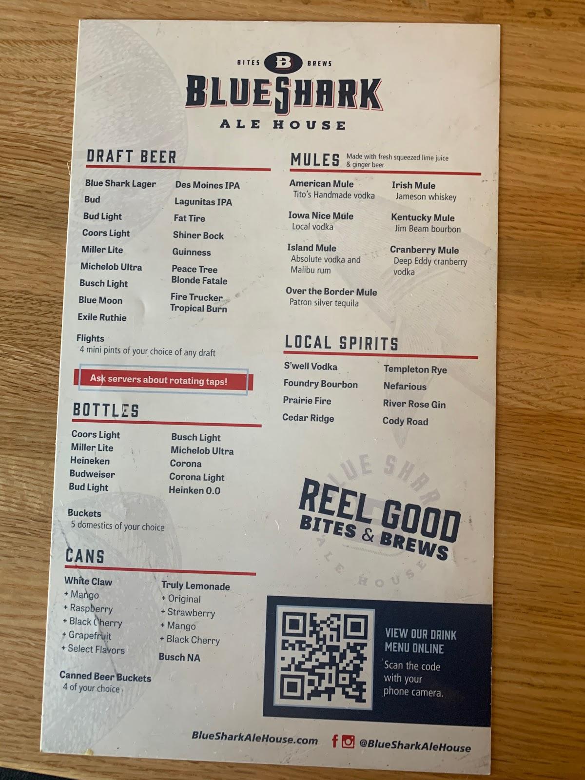 Menu at Blue Shark Ale House pub & bar, Urbandale