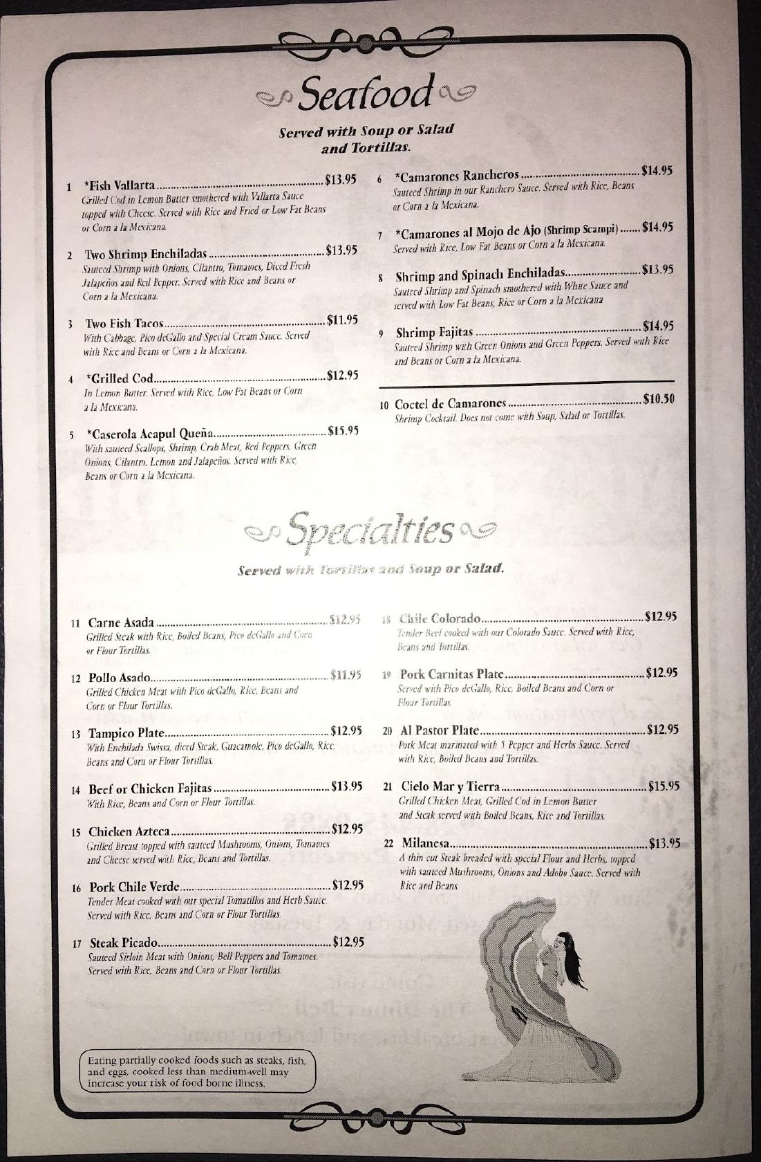 Menu at Casa Alvarez restaurant, Prescott, 321 W Gurley St