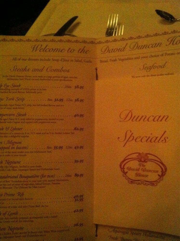 Menu at David Duncan House restaurant, Toronto, 125 Moatfield Dr