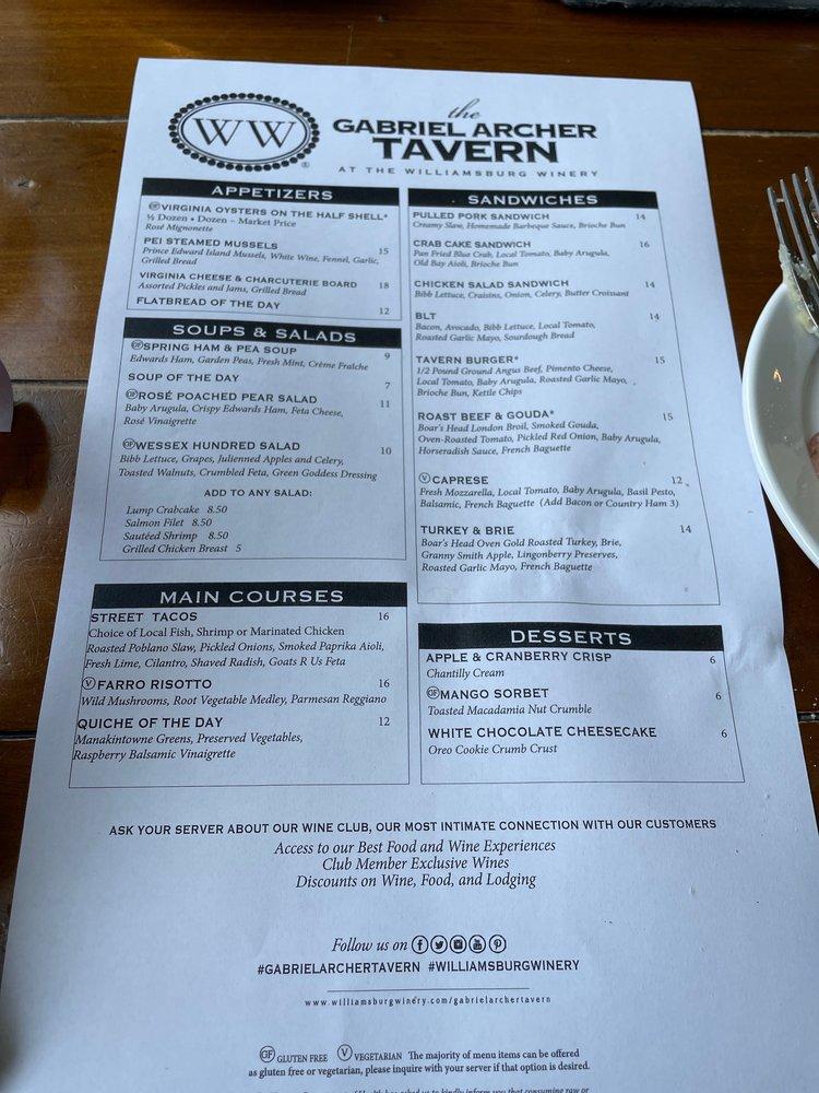Menu at Gabriel Archer Tavern restaurant, Williamsburg