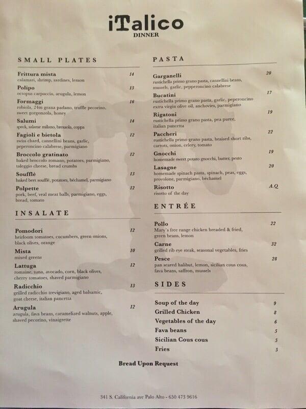 Menu at Italico Ristorante Pizzeria, Palo Alto