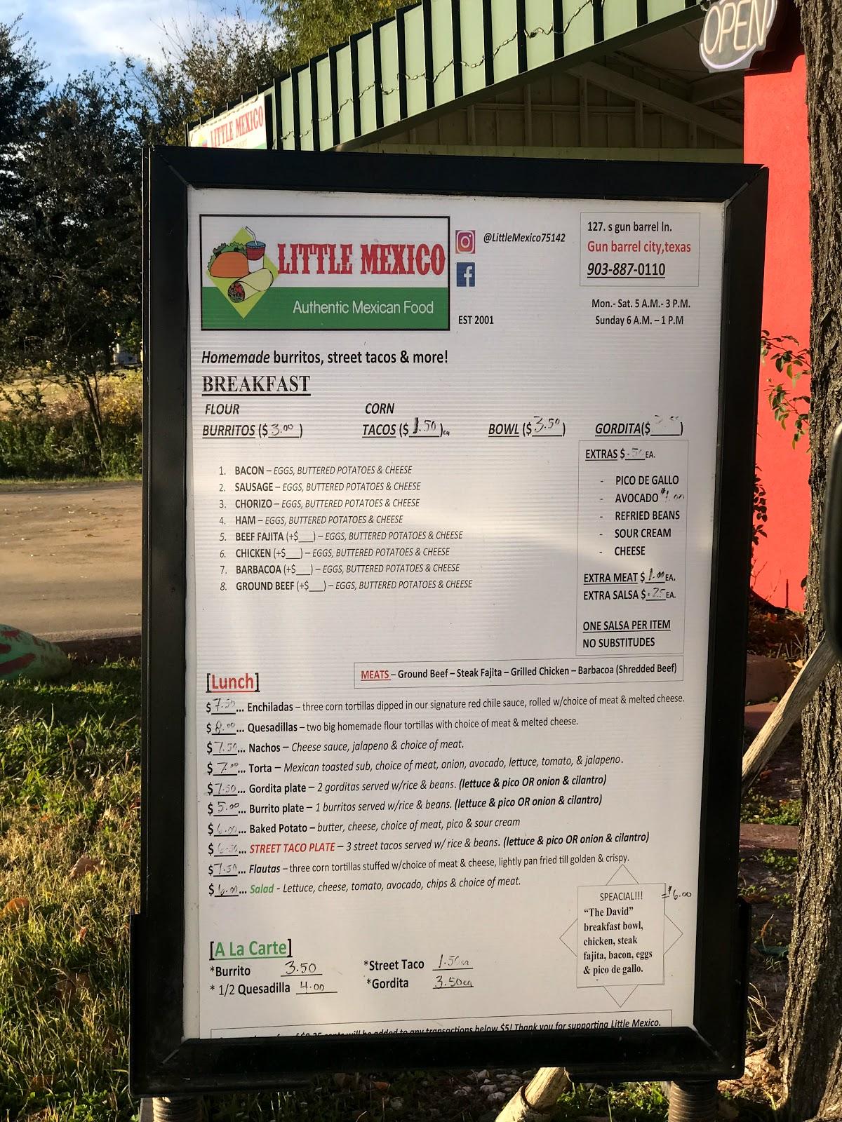 Menu at Little Mexico Burrito and Tacos restaurant, Gun Barrel City