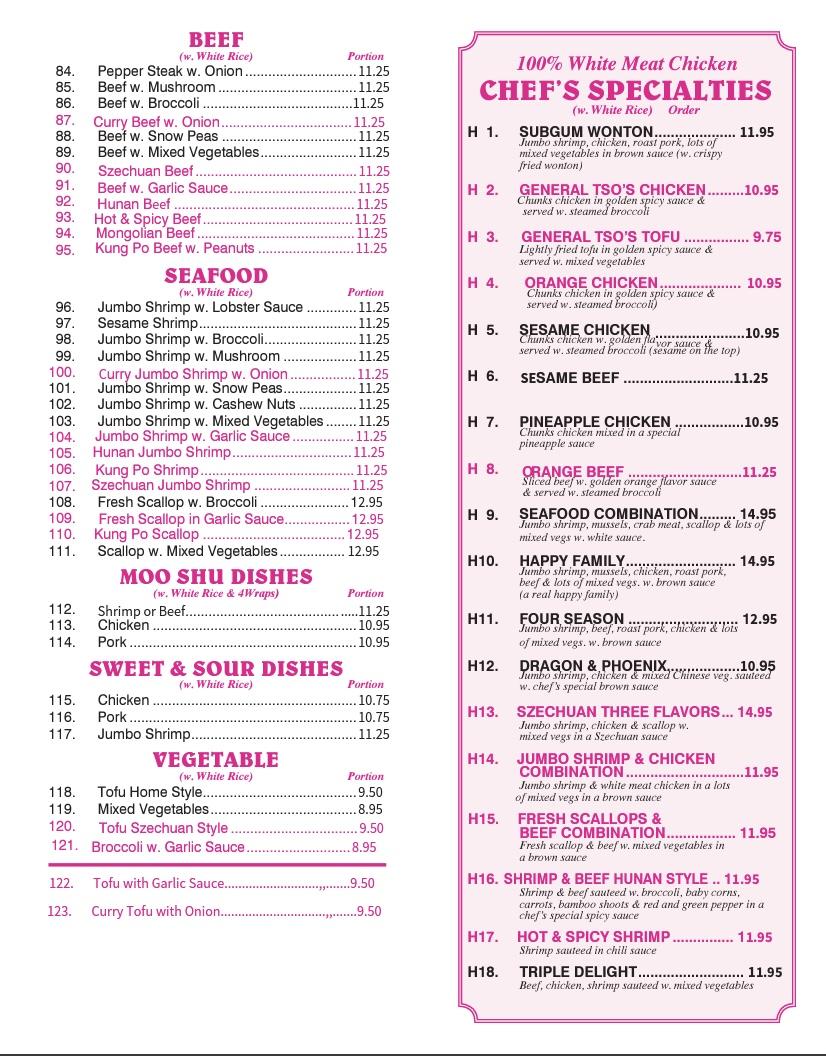 Menu at Ming Moon restaurant, Oregon