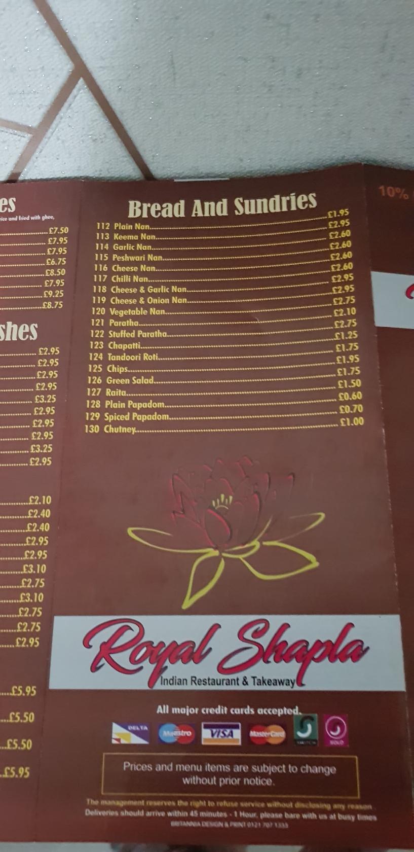 Menu at Royal Shapla Quinton restaurant, Birmingham, 417 Hagley Rd W