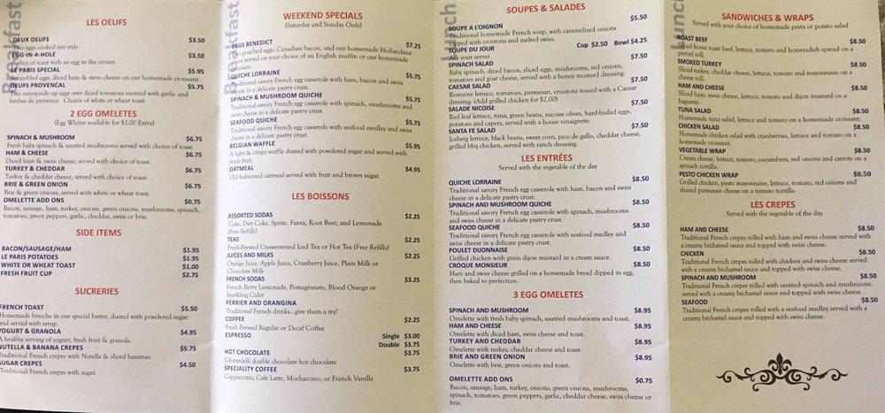 Menu at Taste of Paris restaurant, Mundelein