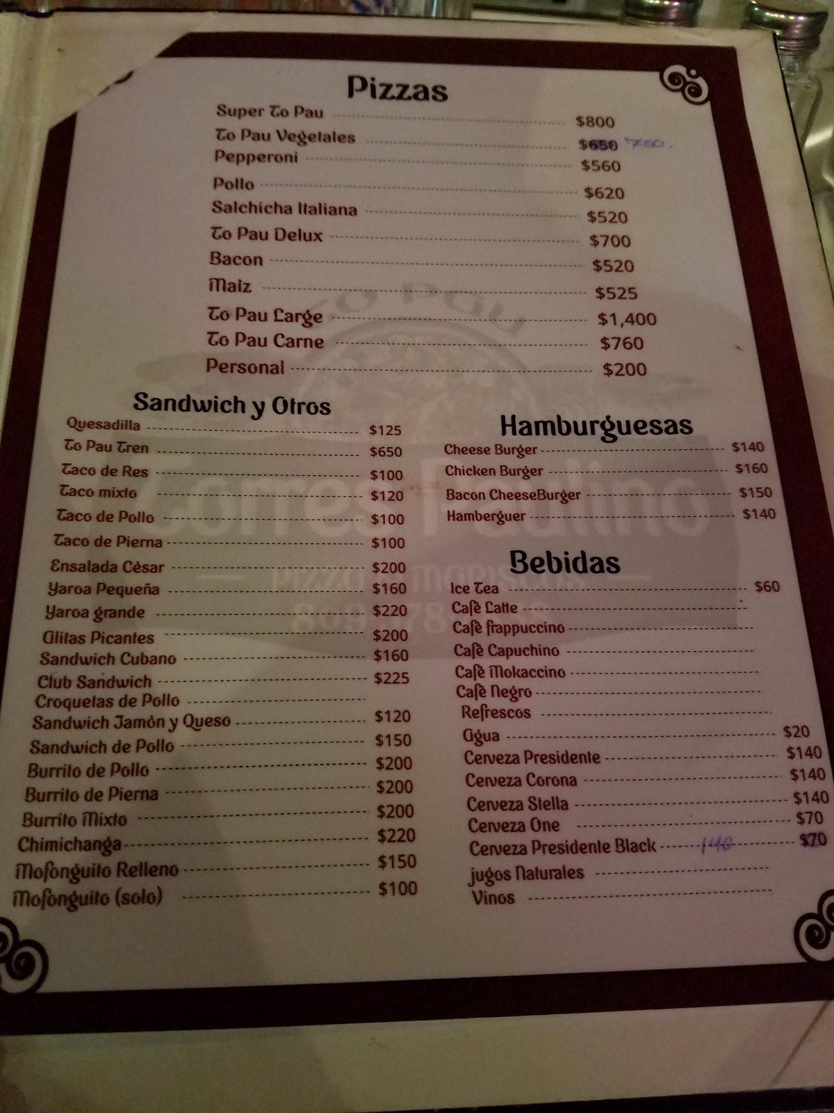 Menu at To Pau Torres Paulino Pizzas Y Mariscos restaurant, Moca